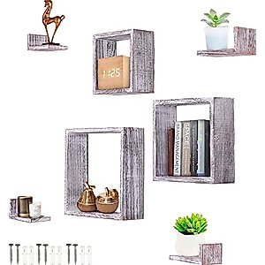Comfify Rustic Wall Mounted Square Shaped Floating Shelves – Set of 7 – 3 Square Shelves and 4 L-Shaped Rustic Shelves – Screws and Anchors Included – Rustic Wall Décor - Rustic White
