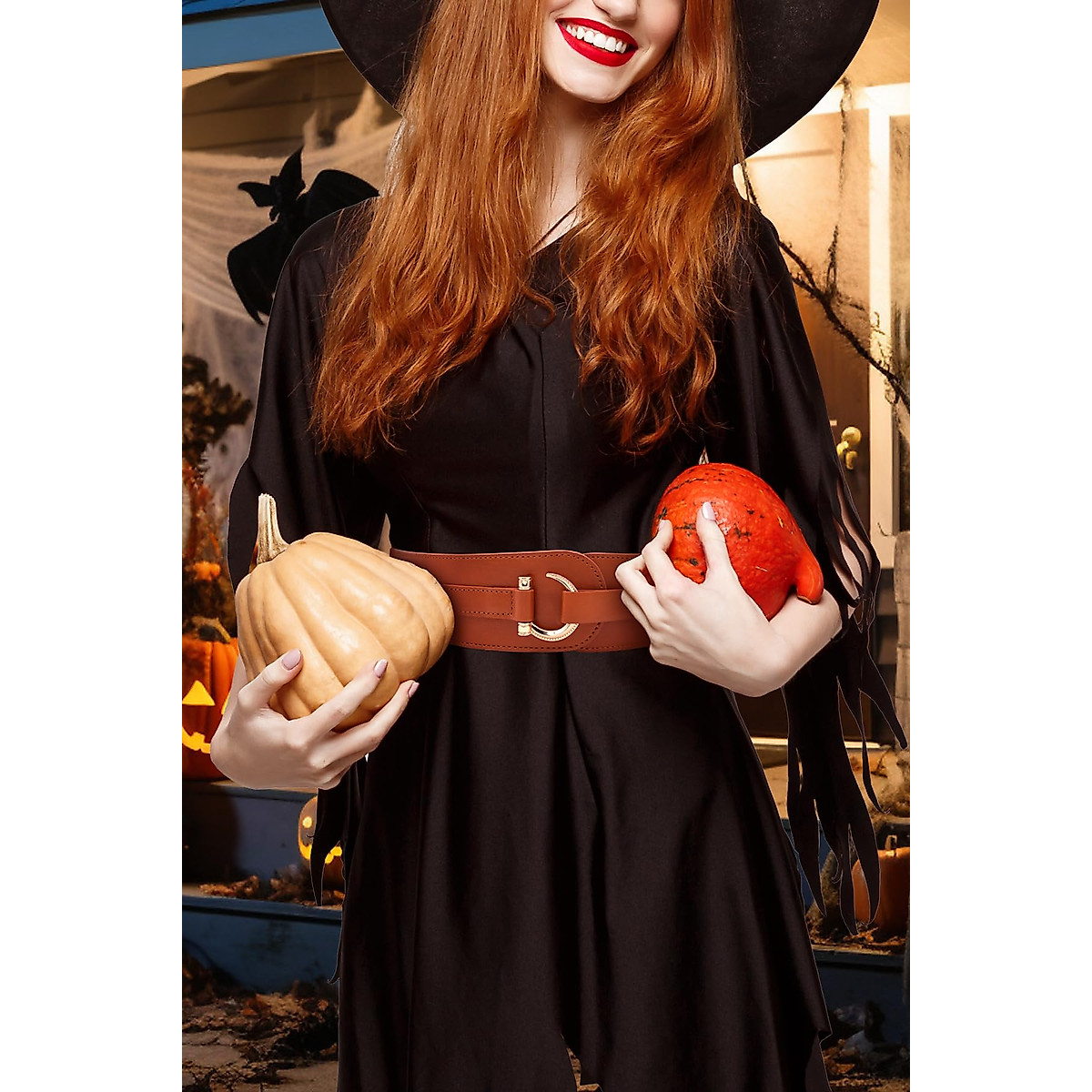 TeeYee Brown Leather Belts Elastic Renaissance Waist Stretch Retro Halloween Belt Vintage Fashion Medieval Fashion Hook Belt Large