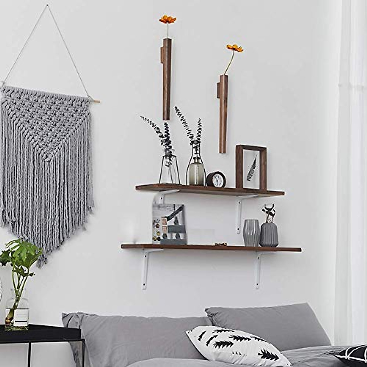 PIBM Stylish Simplicity Shelf Wall Mounted Floating Rack Shelves Iron Bracket Solid Wood Multifunction Living Room Study Simple Easy to Clean,3 Sizes, Brown , 40x20x20cm