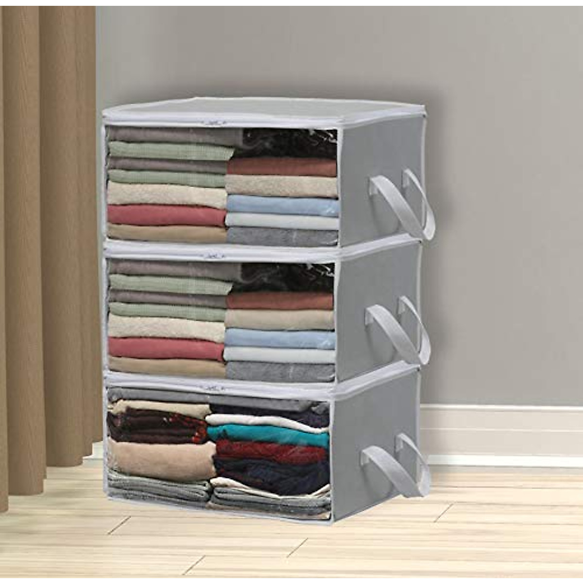 Simple Houseware 3 Pack Foldable Closet Organizer Clothing Storage Box with Clear Window, Grey