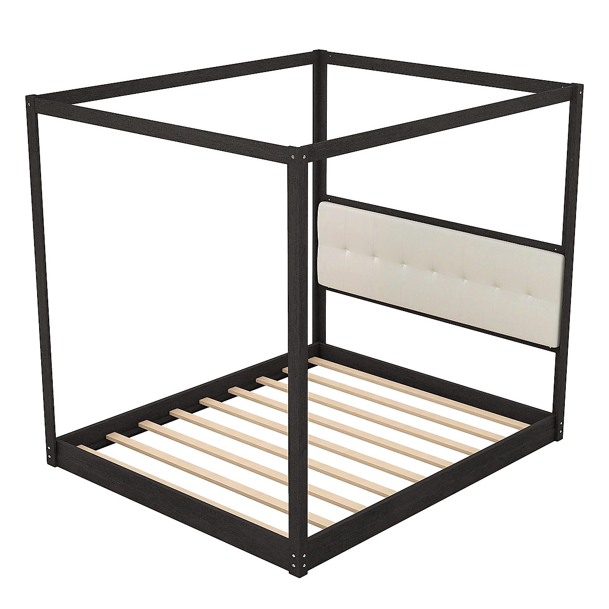 HAUSHECK King Size Canopy Bed with Upholstered Headboard, Four-Poster Queen Canopy Platform Bed Frame, Wood Floor Bed Frame with Sturdy Wooden Slatted Structure, No Box Spring Needed, Easy Assembly