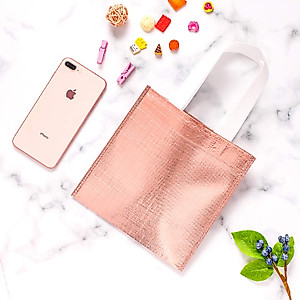 Whaline 24 Pieces 8''x8'' Non-Woven Small Party Bags, Gift Bags, Reusable Candy Goodie Bags, DIY Craft Bags, Glossy Tote Bags for Birthday, Holiday, Event (Rose Gold)