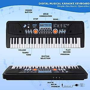 Pyle, Electric 49 Keys-Portable Digital Musical Karaoke Piano Keyboard-8 Rhythms 16 Tones, Stereo Speakers, Rechargeable Battery-Wired Microphone-Beginners Kids PKBRD4113 Black, Compact
