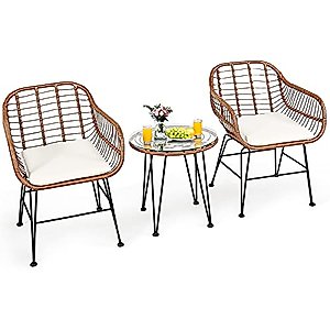 Tangkula 3 Pieces Patio Conversation Bistro Set, Outdoor Wicker Furniture w/Round Tempered Glass Top Table & 2 Rattan Armchairs, Bistro Chat Set w/Seat Cushions for Porch, Backyard, Garden (White)