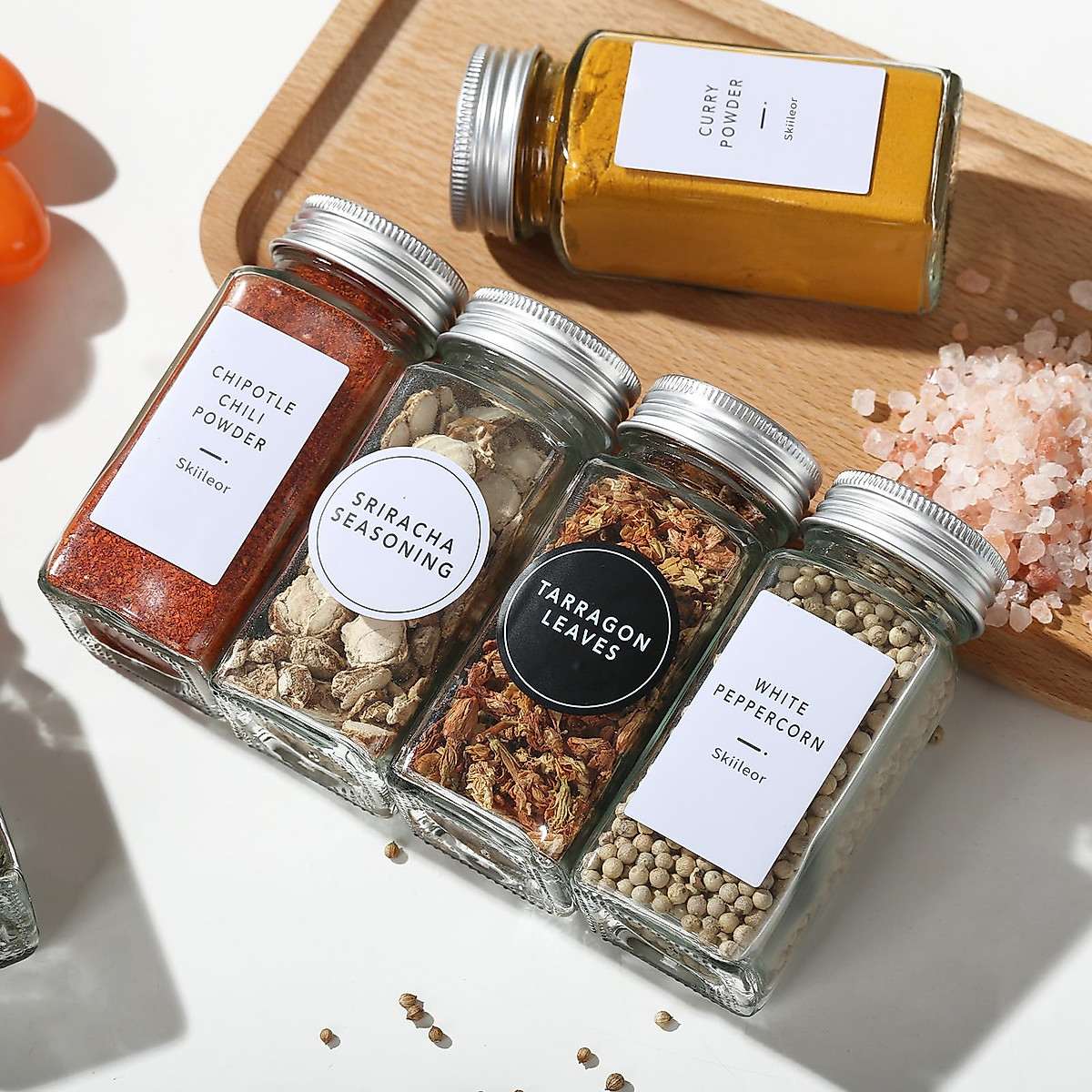 Skiileor 25 Pcs Spice Jars with Labels- Glass Spice Jars with Labels,Shaker Lids, Funnel, Chalk Pen, Brush，4oz Seasoning Containers Bottles for Spice Rack, Cabinet, Drawer