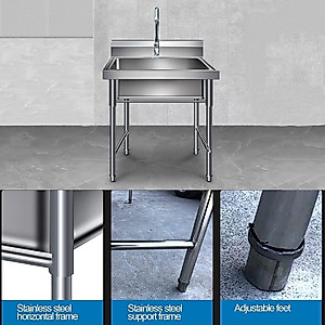 Katzowen Stainless Steel Kitchen Sink Home Commercial Sinks Outdoor Indoor Freestanding Single Bowl Sinks, for Restaurants, Catering, Laundry Room, Garage, Easy to Use and Clean 50×50×80cm