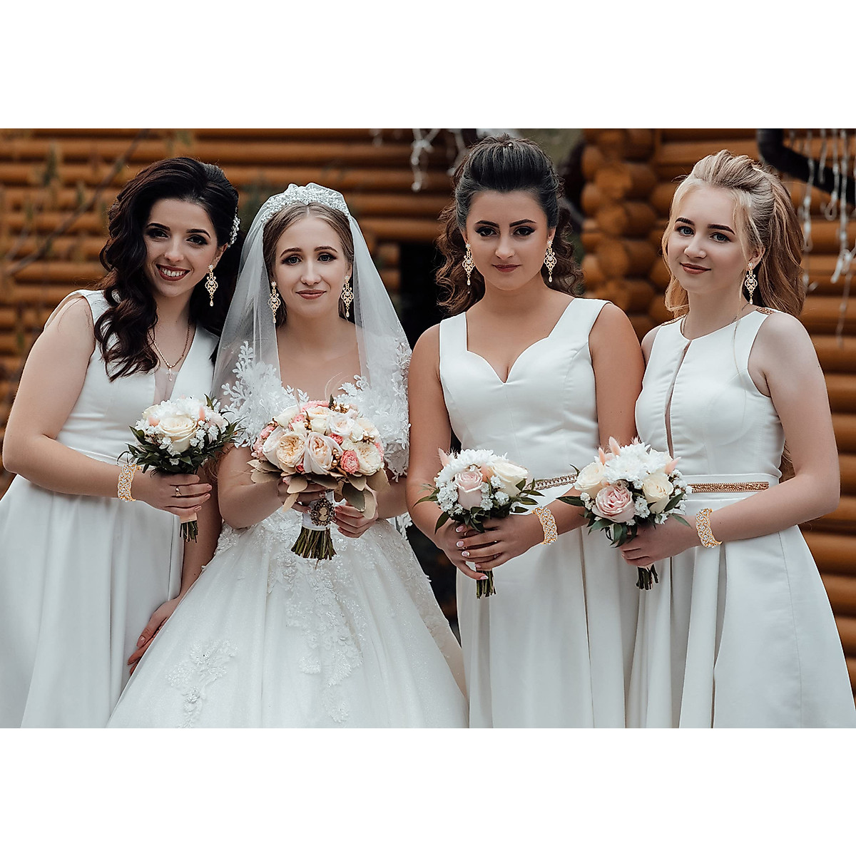 Paxuan Womens White Clear Rhinestone Crystal Wedding Bridal Bridesmaid Bracelet Jewelry Link Tennis Bracelet (Gold - Bracelet + Earrings)