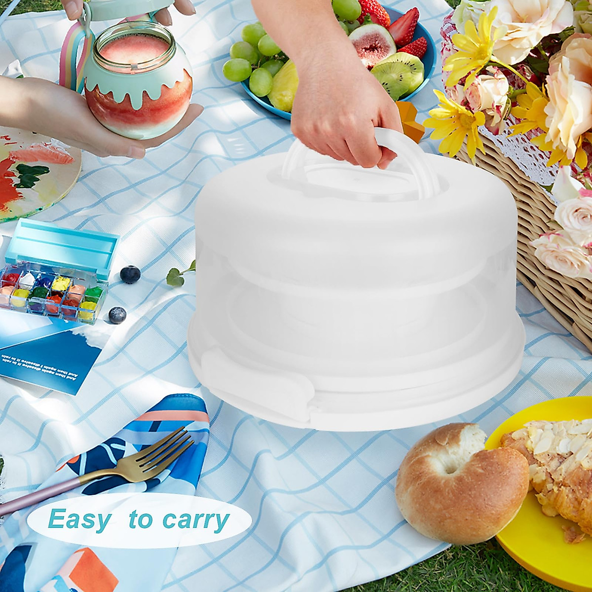 MIVIDE 10 Inch Cake Carrier with Lid, Portable Cake Holders Cake Container, Plastic Round Cake Storage Container Cake Saver with Lid and Handle for Transport