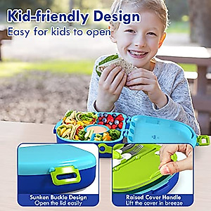 Lehoo Castle Bento Lunch Box for Kids, Large Kids Lunch Box with Cutlery＆4 Compartments＆Silicone Handle, Leak-proof Portable 1.3L Lunchbox Bento for Kids BPA-free Easy Opened (Blue)
