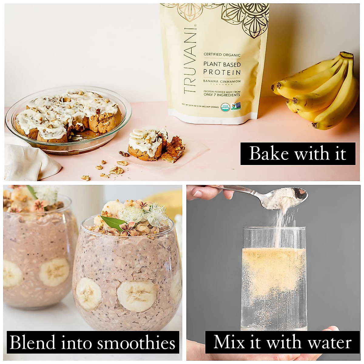 Truvani Vegan Pea Protein Powder | Banana Cinnamon | 20g Organic Plant Based Protein | 20 Servings | Keto | Gluten & Dairy Free | Low Carb | No Added Sugar