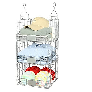 Sonyabecca 3 Tier Foldable Closet Hanging Organizer with Name Plate 5 S Hooks, Wall Mount&Cabinet Wire Storage Basket Bins, for Clothing Sweaters Shoes Handbags Clutches-Silver