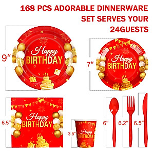 168 Pcs Red and Gold Party Supplies Tableware Set Happy Birthday Plates, Knife,Forks,Spoons, Cups and Napkins Table Decorations for Women Girls Birthday Party Decorations, 24 Guests
