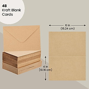 48 Pack Kraft Brown Blank Greeting Cards with Envelopes, Folded Cardstock for DIY Wedding, Birthday Invitations, Crafts (4x6 In)