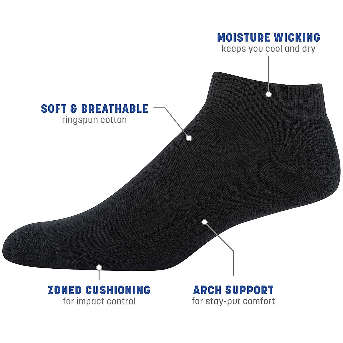 Gildan Men's Active Cotton Low Cut Socks, 10-Pairs, Black, Shoe Size: 6-12