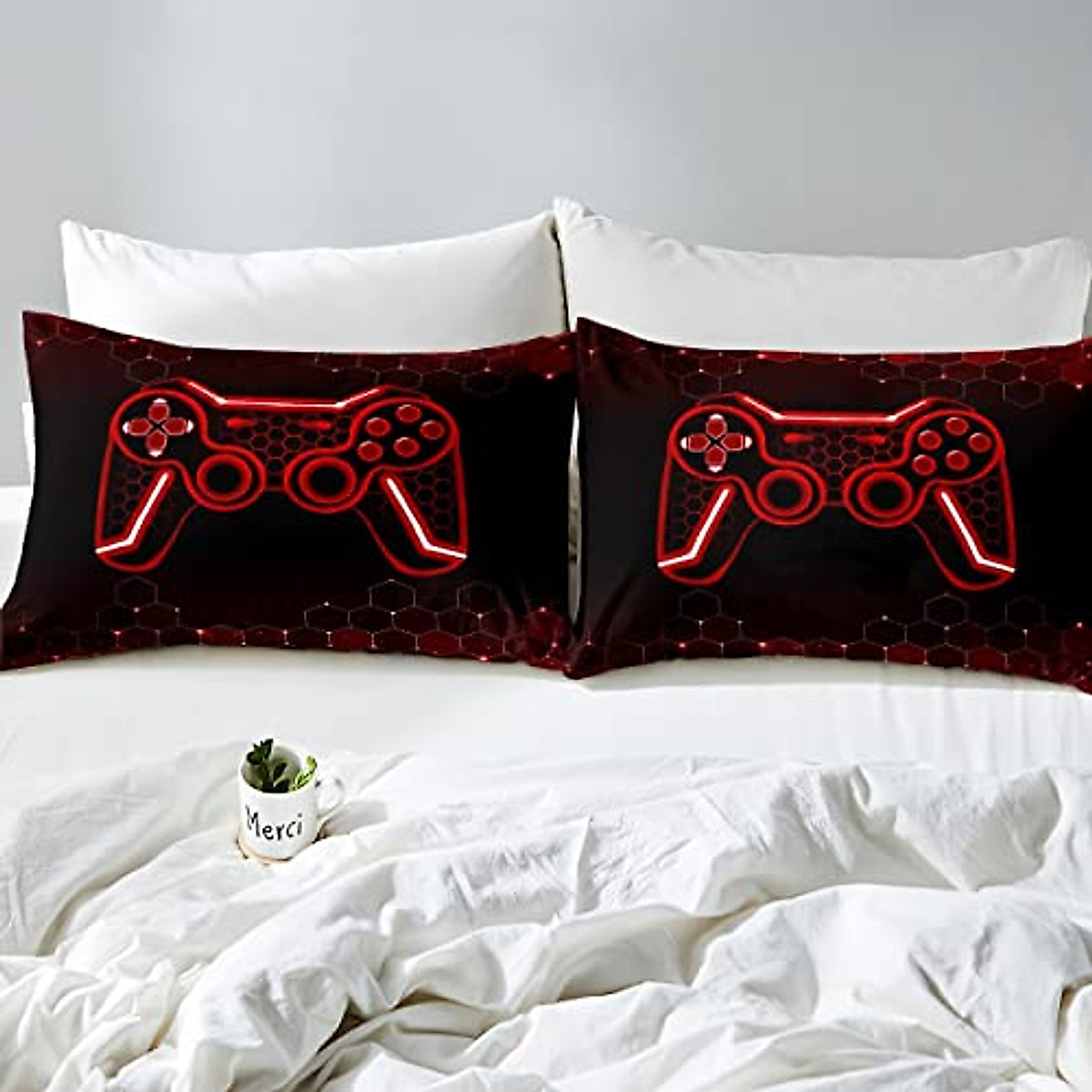 jejeloiu Gamer Bedding Set for Kids Boys Girls Gaming Honeycomb Comforter Cover Set Twin Size Video Game Duvet Cover Bedroom Decor Red Geometric Bedspread Cover Bedding Collection 2Pcs