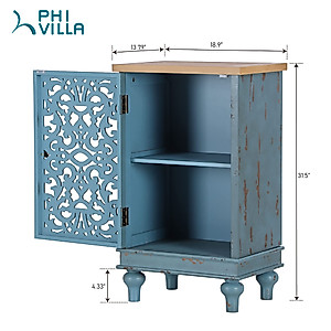 PHI VILLA Small Accent Storage Cabinet with Single Door - Decorative Nightstand for Living Room Bedroom, End Side Table Cabinet Blue