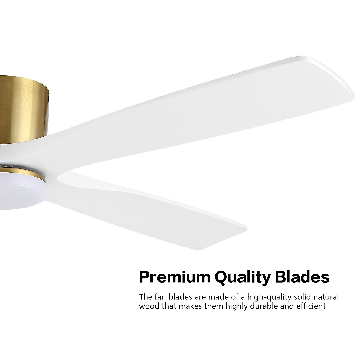 WINGBO 60 Inch Flush Mount DC Ceiling Fan with Lights and Remote, 4 Reversible Carved Wood Blades, 6-Speed Noiseless DC Motor, Hugger Ceiling Fan in Brass Finish with White Blades, ETL Listed