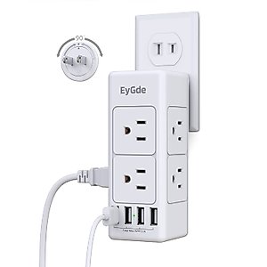 2 Prong Power Strip with Rotating Plug, EyGde Multi Plug Outlet Extender, Multiple Outlet Splitter(3 Sided 6 Sockets) and 4 USB Ports, Wall Adapter Surge Protector (1700J) for Travel, Office, White