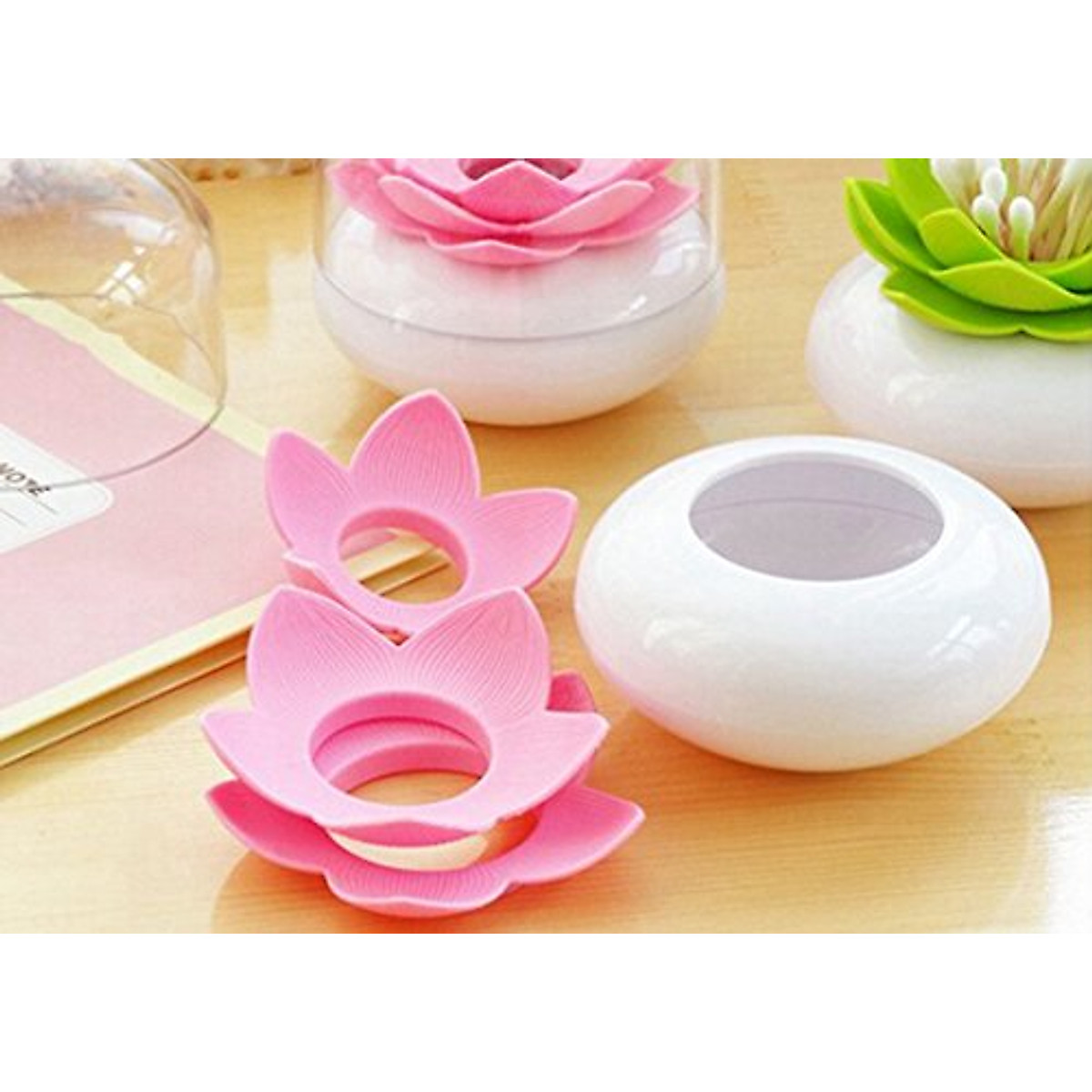 MaxS Lotus Cotton Swab Holder Small Toothpicks Q-tips Storage Organizer Canister Jar for Swabs Cosmetic Pads - White