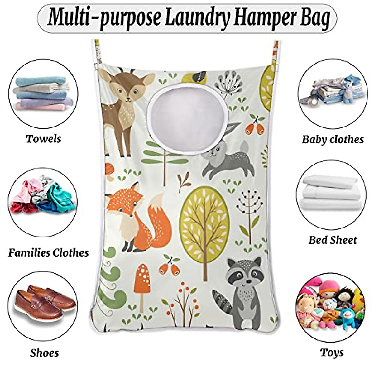 Woodland Animals Hanging Laundry Hamper Bag with 2 Door Hooks, Fox Elk Bear Mushroom Holding Dirty Clothes Bag, Saving Space Hanging Laundry Bag for Door Wall, Closet, Bathroom