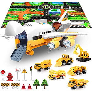 SLENPET Large Airplane Toy with 6 Construction Trucks Set, 32.6x22.4 Inch Play Mat, 11 Road Signs, 9 in 1 Vehicle Car Toys for 3 Year Old Boys, Kids, Toddlers, Childs