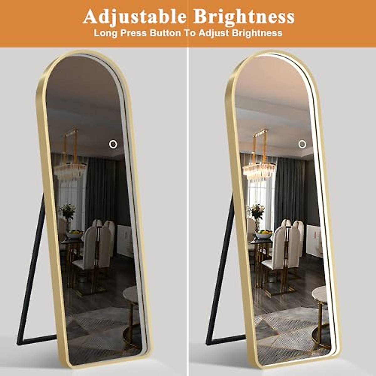 SDHYL Arched Full Length Mirror with Lights, 64"x20" LED Mirror Full Length with Stand, Full Body Mirror with Touch Button and Plug, Dimmable Brightness Dressing Mirror for Living Room, Gold