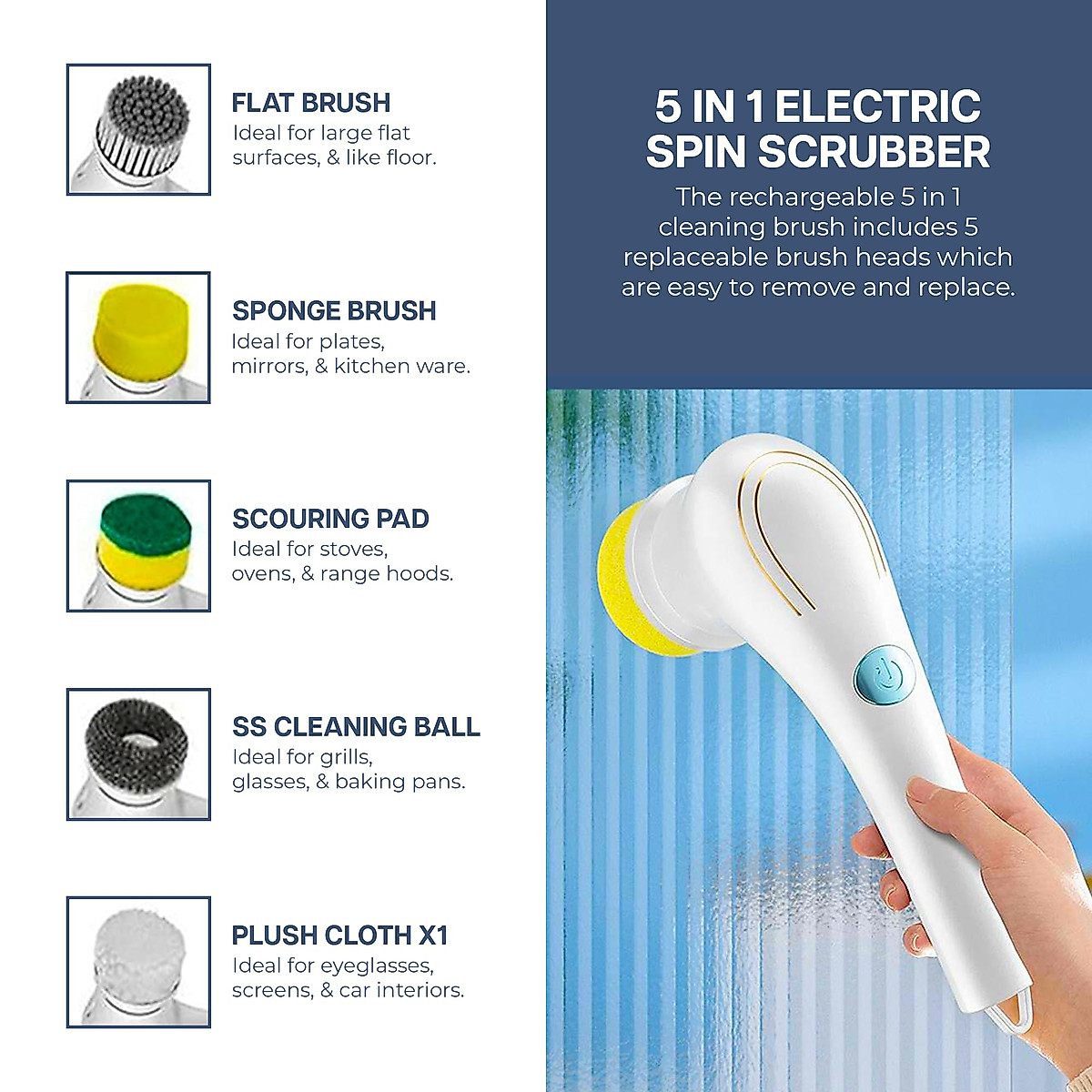 ZZ Life Electric Scrubber, Handheld Cleaning Brush, Includes 5 Replaceable Heads, Bathroom, Kitchen, Floor, Dish, Shoe, Glass - Multifunctional Home Accessory