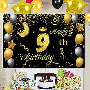 Sweet Happy 9th Birthday Backdrop Banner Poster 9 Birthday Party Decorations 9th Birthday Party Supplies 9th Photo Background for Girls,Boys,Women,Men - Black Gold 72.8 x 43.3 Inch