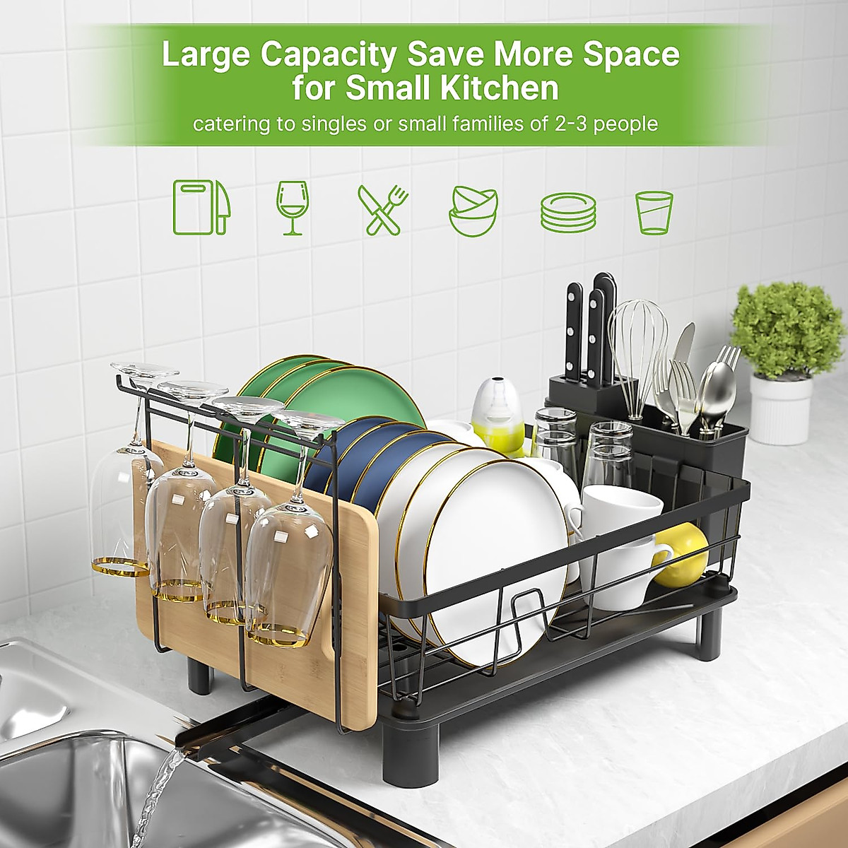 Dish Drying Rack - Stainless Steel Dish Rack for Kitchen Counter, Dish Drainer with Utensil Holder, Space-Saving, Rust-Resistant Dish Rack for Dishes, Glasses, and Cutting Board, 12''W x 15''L, Black