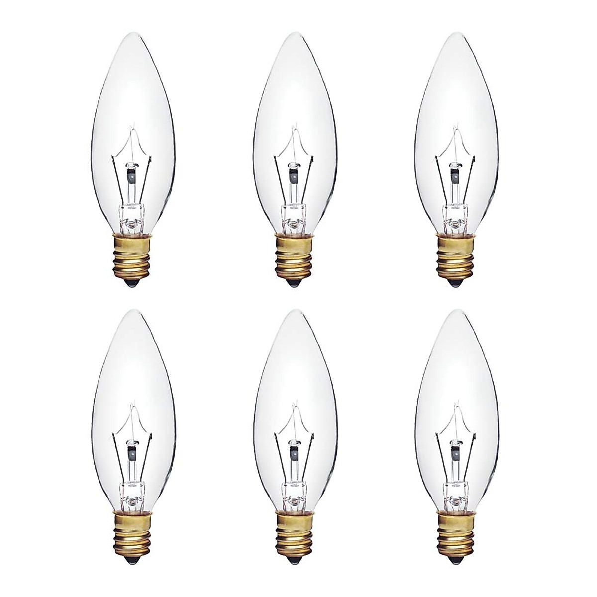 25W B8 Incandescent Clear Chandelier Light Bulb, Torpedo Tip, E12 Candelabra Base, 160 Lumens, Dimmable, 120V, (6 Pack)