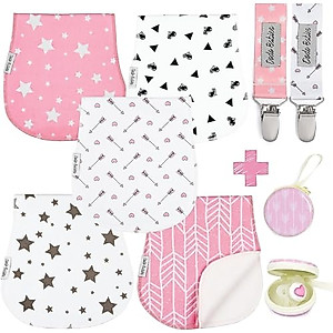 Dodo Babies 5-Pack Baby Burp Cloths – Soft, Absorbent Organic Muslin Burp Cloths – Includes Pacifier Case and 2 Pacifier Clips – Colors: Pink, White and Grey