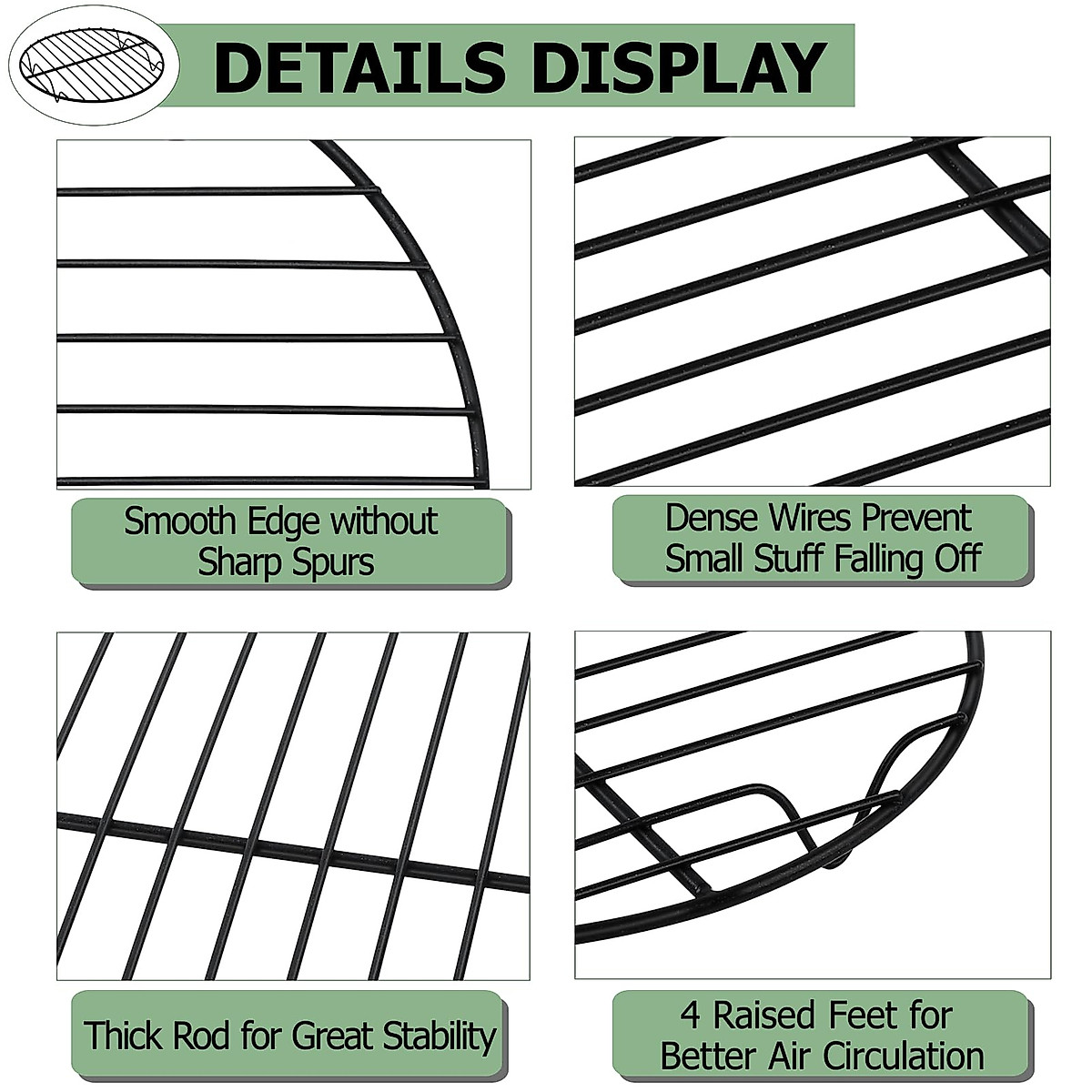 TeamFar Round Cooling Rack, 7.5’’ Small Baking Roasting Grilling Rack with Stainless Steel Core & Non-stick Coating, for Cooking Steaming Cooling, Healthy & Sturdy, Oven Safe & Easy Clean – Set of 2