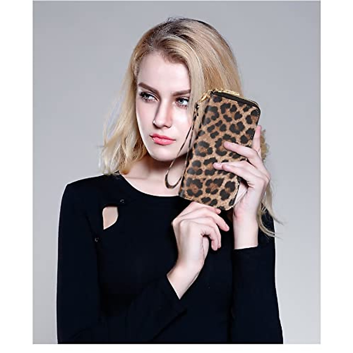 Fanwill Leopard Print Wallet For Women Ladies Cheetah Wrist Purse Zip Around Card Holder (Brown)