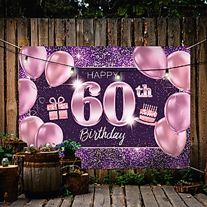 PAKBOOM Happy 60th Birthday Banner Backdrop - 60 Birthday Party Decorations Supplies for Women - Pink Purple Gold 4 x 6ft