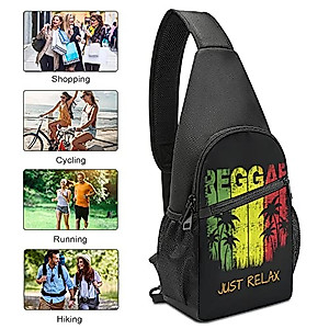 Relax Reggae Music Palm Trees On Black Chest Crossbody Bag, Lightweight Unisex Backpack Shoulder Bag, Casual Adjustable Sling Daypack for Outdoor Cycling Hiking Travel
