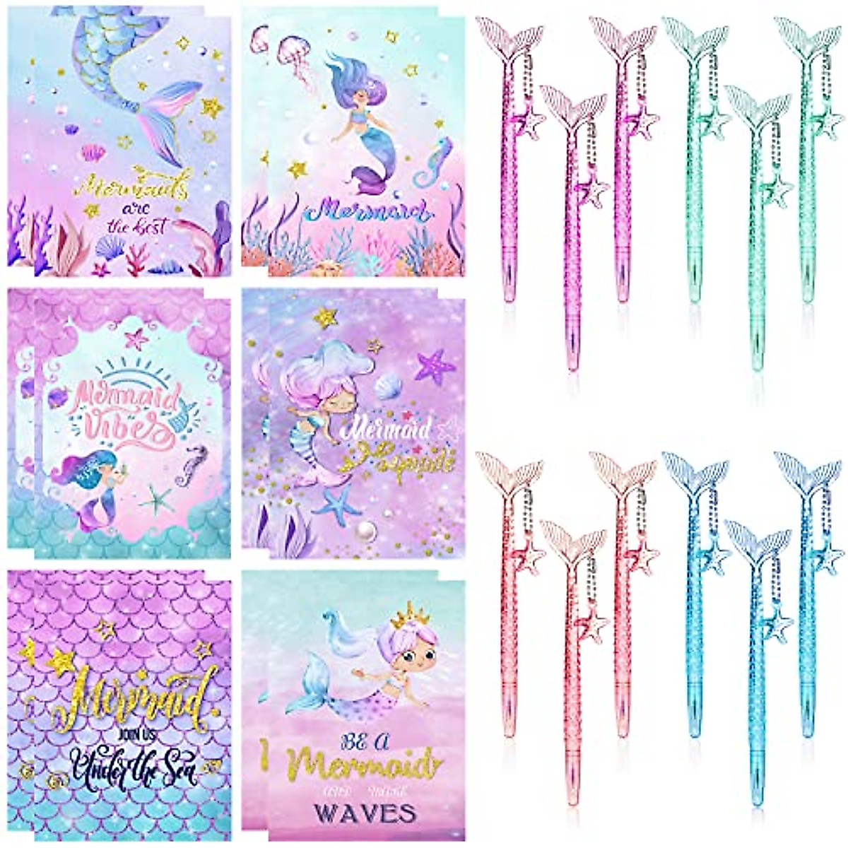 24 Pcs Mermaid Pen and Notebook 5 Inches 12 Cute Mermaid Scale Notepads 12 Mermaid Black Pen for Mermaid Birthday Decorations, Kids Girls School Supplies, Sea Ocean Themed Party Gifts (Elegant)