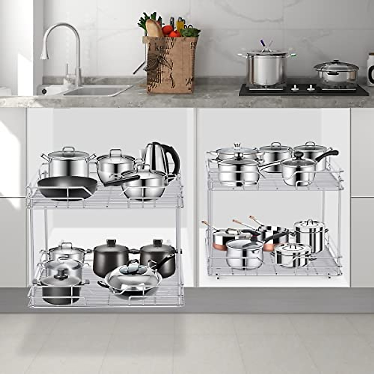 BONADOM 2 Tier Pull Out Cabinet Organizer(21''Dx17''W) Heavy Duty Slide Out Drawers for Kitchen Cabinets Storage Roll Out Shelf Rack Storage for Pots, Pans, PullOut Cupboard Organizer