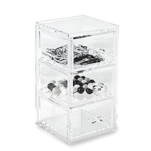 Huang Acrylic Clear Stackable Upright 3-Drawer Organizer, Makeup Jewelry Accessories Cosmetic Countertop Storage Display 3.5 x 3.25 x 5.75 inches