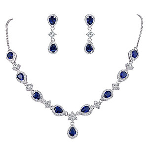 EleQueen Women's Silver-tone Cubic Zirconia Teardrop Flower Bridal V-Necklace Set Dangle Earrings Sapphire Color