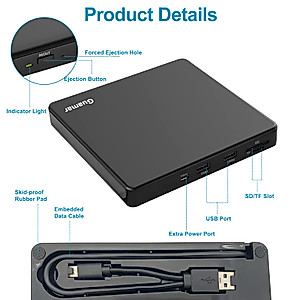 Guamar External CD/DVD Drive for Laptop, CD Burner USB C Portable DVD Player CD ROM Disk Reader with SD TF Slot 2 USB Ports, Optical Disc Drive for PC Mac MacBook Windows Linux