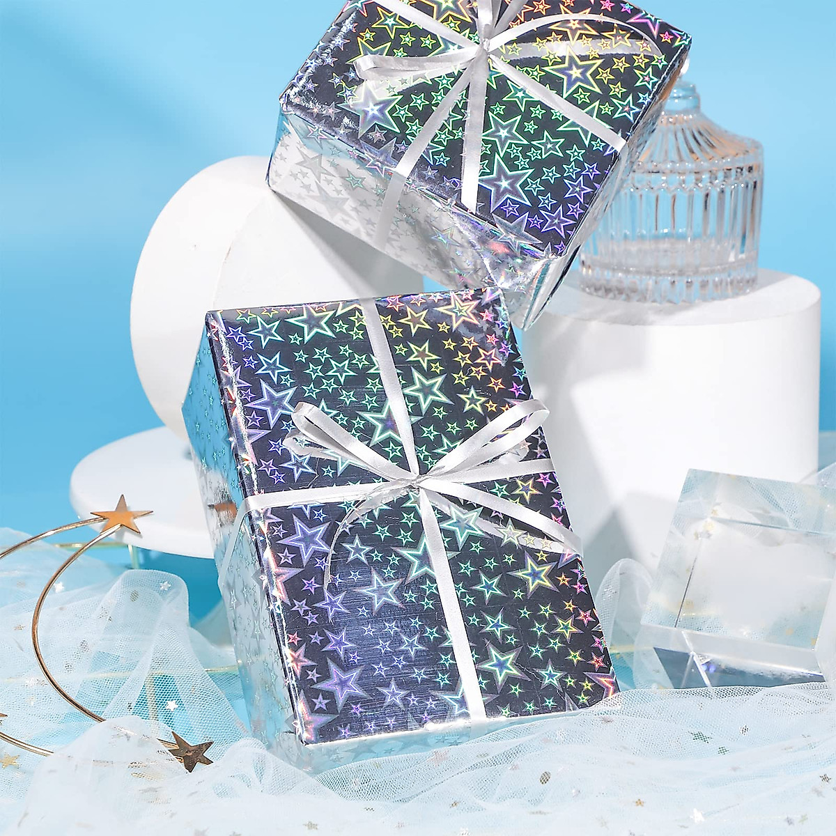 MAYPLUSS Holographic Wrapping Paper - Mini Roll - 17 Inch X 32.8 Feet- Metallic Green Foil Design (47.3 sq.ft.ttl)