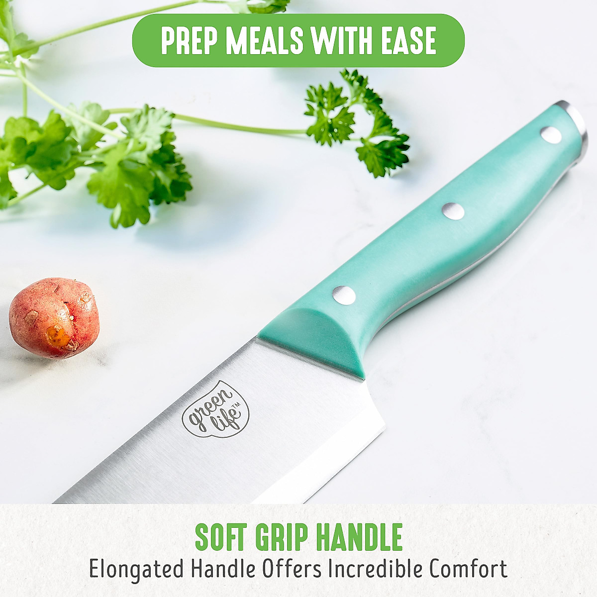 GreenLife High Carbon Stainless Steel 13 Piece Wood Knife Block Set with Chef Steak Knives and more, Comfort Grip Handles, Triple Rivet Cutlery, Turquoise