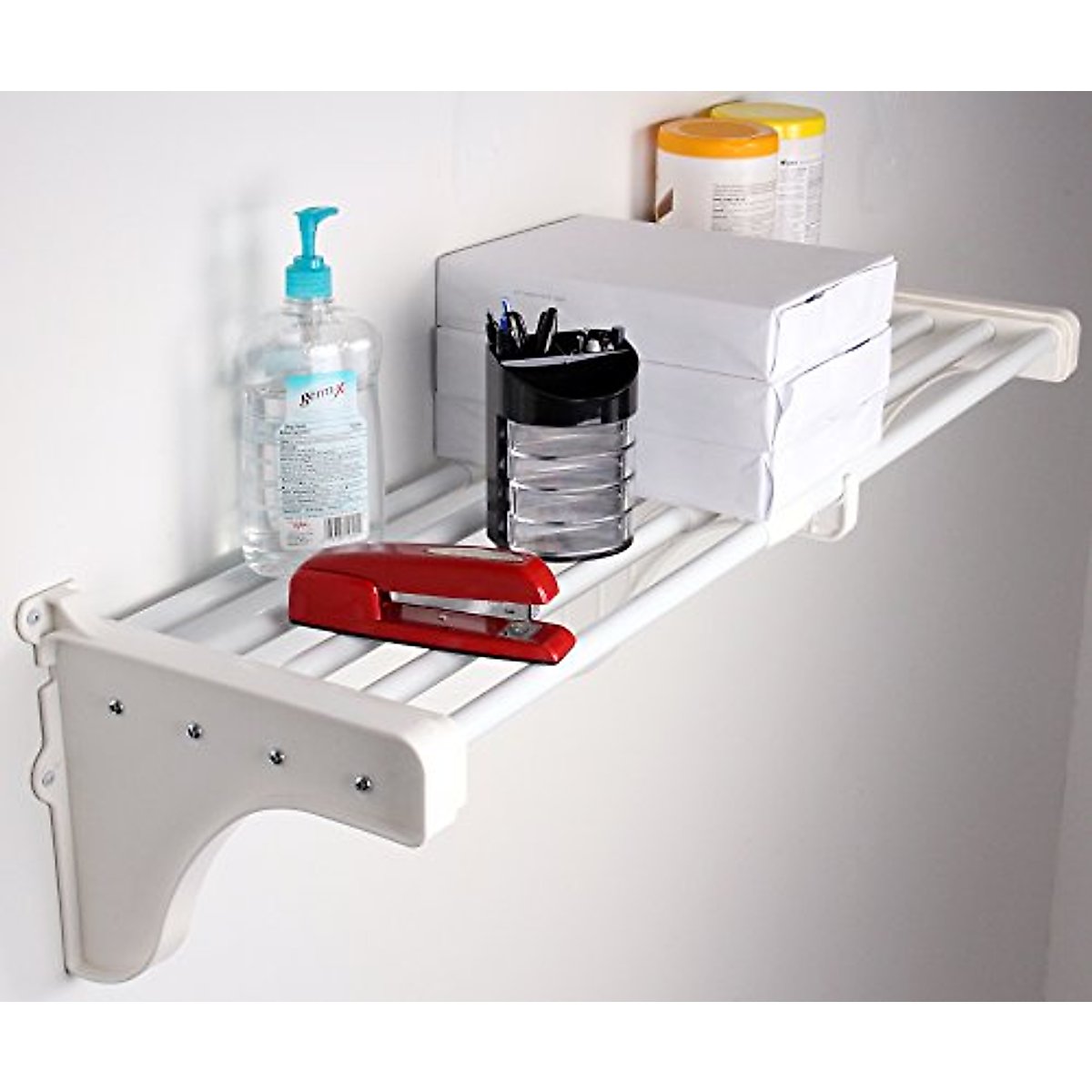 EZ Shelf DIY Expandable Shelf ONLY (No Hanging Rod) - 42.5” - 75” -White-Mounts to Backwall(Floating) with 2 End Brackets-Easy to Install-Strong- Closet Wire Shelving Alternative-(EZS-SW72-1-2)
