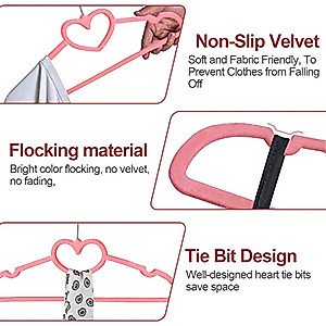 Velvet Hangers Pack of 20, Non Slip Standard Clothing Adult Heart-Shaped Clothes Hanger, Notches 360 Degree Swivel Hook Felt Hangers, for Heavy Coats, Jackets, Office Suits,Undergarments,Pink