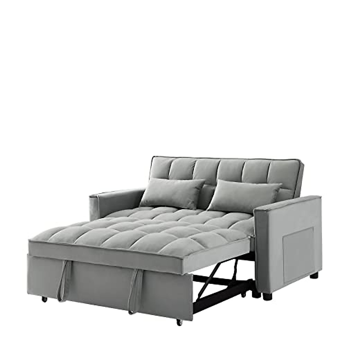 FULife Bed Convertible Sofa Pull-Out Sleeper, Loveseat Futon Sofá Chair w/Adjustable Reclining Backrests,Side Pockets&2 Pillows,Velvet Small Love Seat Lounge Couch, Grey-b