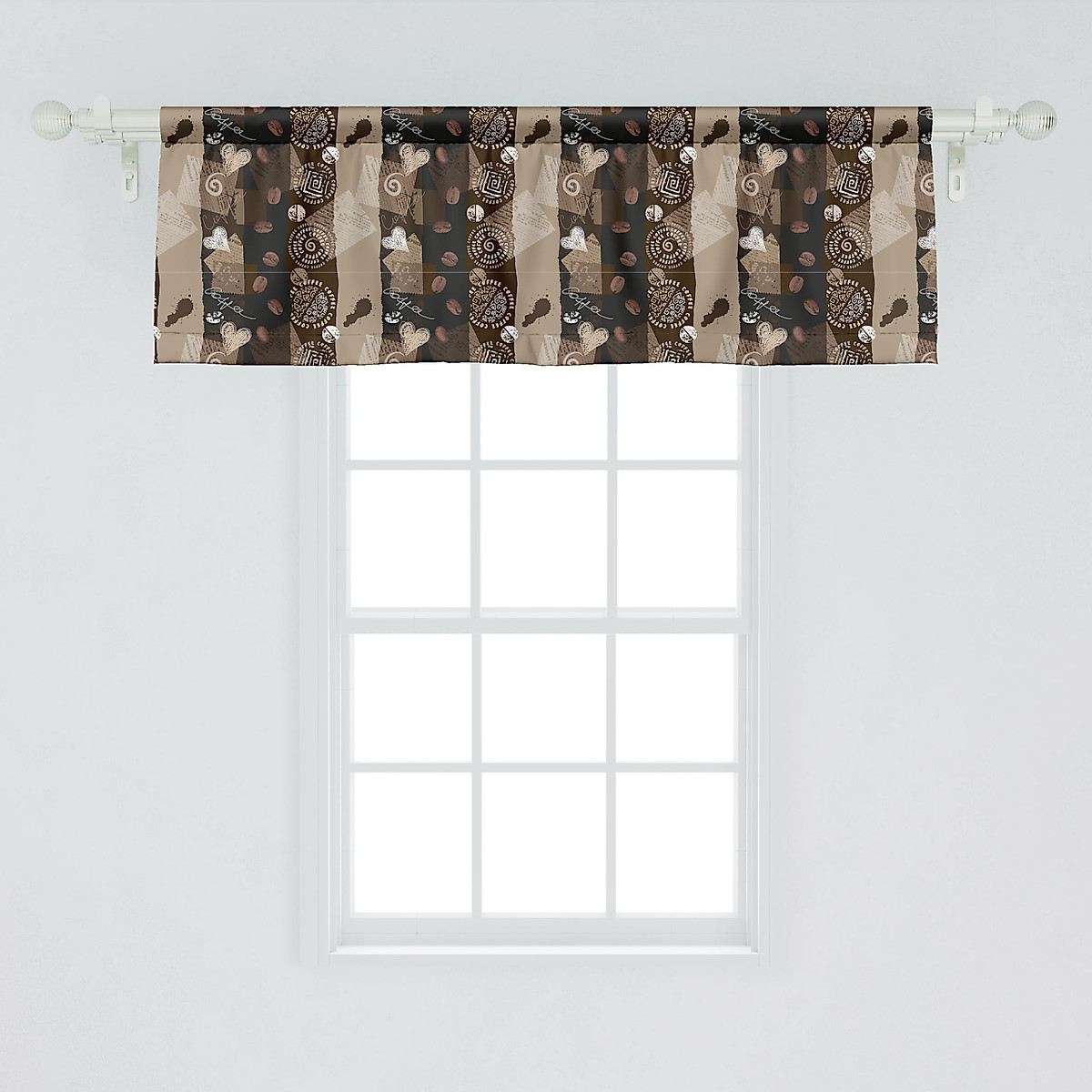 Ambesonne Brown Window Valance, Coffee Typography Hearts and Beans on Abstract Striped Grungy Backdrop in Brown Tones, Curtain Valance for Kitchen Bedroom Decor with Rod Pocket, 42" x 18", Brown