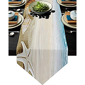Z&L Home Linen Burlap Table Runner Dresser Scarves, Nautical Seashell Starfish Summer Beach Table Runners for Family Dinner/Holiday Party/Wedding/Events/Kitchen Decor Ocean 13x36In