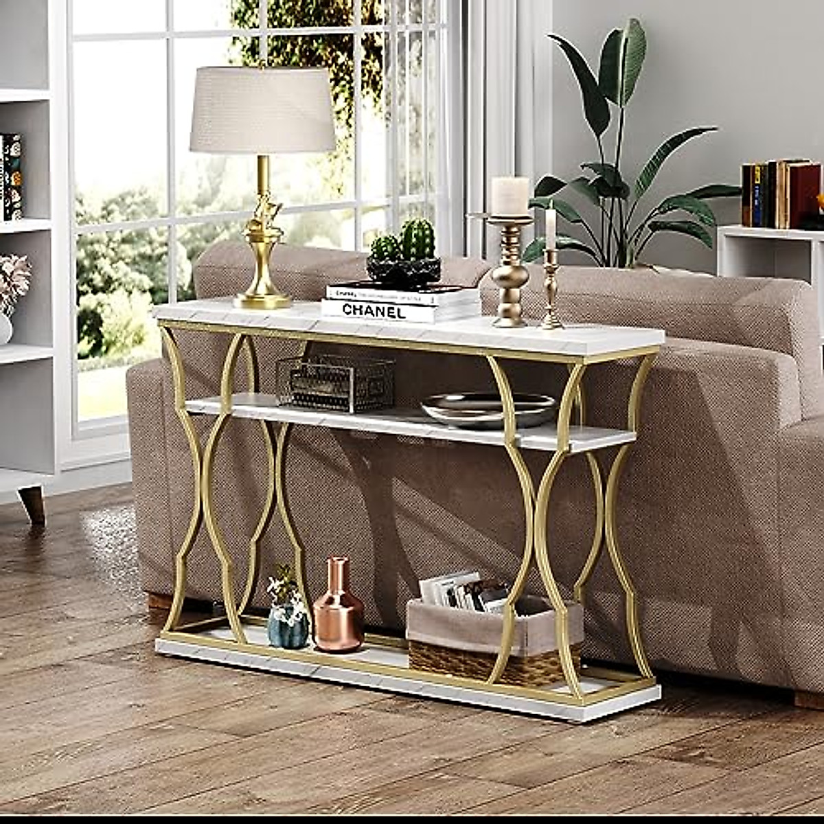 Modern Console Table Entryway, 47.24" Faux Marble Narrow Sofa Table Free Combine Two Different Shape for Hallway Entrance Hall Foyer Corridor Living Room Gold Base (Gold)