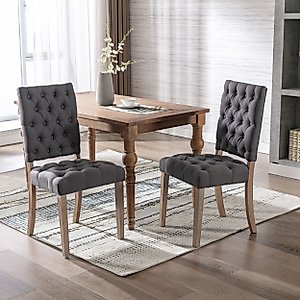 HESIEU Mid-Century Dining Chair Set of 2 Linen Fabric Tufted Upholstered Dining Chair Ergonomic Design Hardwood Frame Anti-Slip Feet for Dining Room Kitchen (Grey)