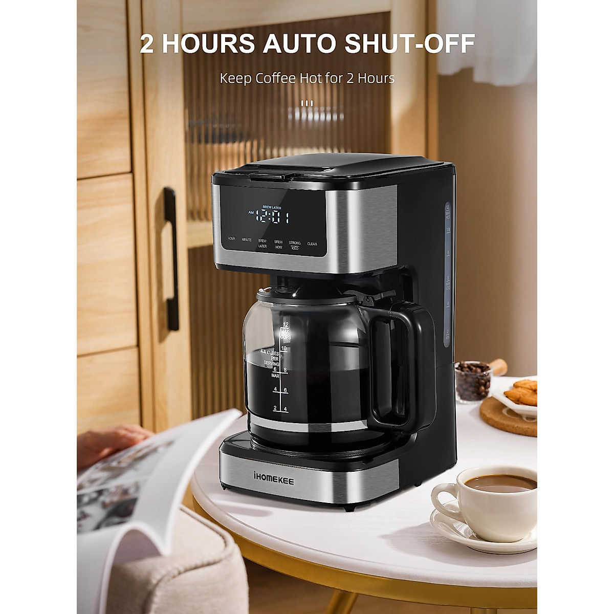 Ihomekee Programmable Coffee Maker, 12 Cup Drip Coffee Machine with Iced Coffee Function, Regular & Strong Brew, Compact Coffee Machines for Home and Office, Silver and Black, (CM9428C)